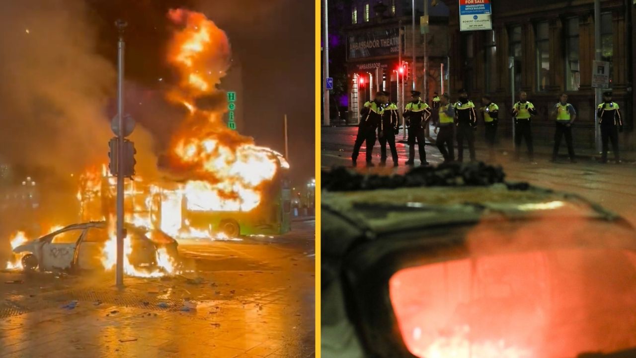 Bus and Luas set on fire amid unrest in Dublin city centre